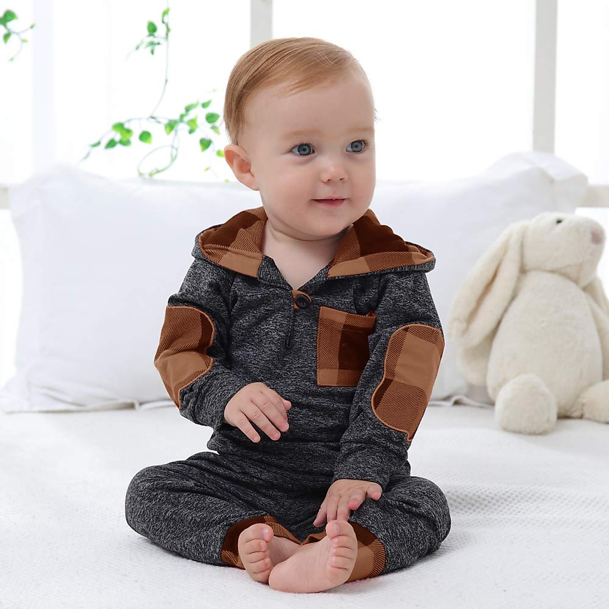 SANMIO Infant Toddler Baby Boys Girls Clothes Hoodie Outfit Classic Plaid Sweatshirt +Pants Clothes Set Kids