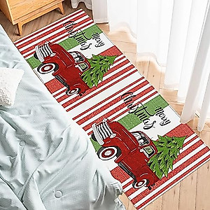 2 Pieces Kitchen Rugs and Mats Set, Christmas Truck Xmas Tree Red Green Stripe Kitchen Mats Cushioned Floormat Non Slip Runner Rug Set for Kitchen Laundry Entryway Decor, 15.7"x23.6"+15.7"x47.2"