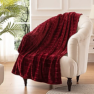 Bertte Plush Throw Super Soft Fuzzy Warm Blanket | 330 GSM Lightweight Fluffy Cozy Luxury Decorative Stripe Blanket for Bed Couch - 50"x 60", Burgundy