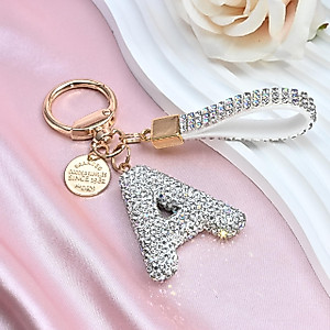 Pink Blue White Initial Letter Keychain Gift for Women Girls Bling Sparkly Cute Backpack Car Key Accessories Lanyard ﻿(A-white diamond)