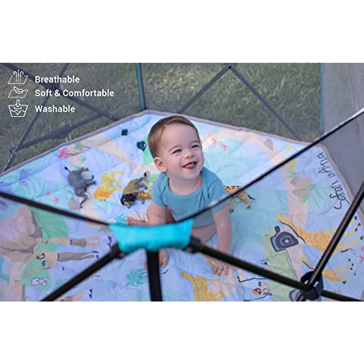 Hexagon Playpen Mat, Baby Play Mat, Fits Regalo Portable Play Yard 48 inch, Hiccapop 53”, Teepee mat, Play Pen mat 52”x45”, Hexagonal Play Mat, Non Slip Pat Mat (Camping in The USA)