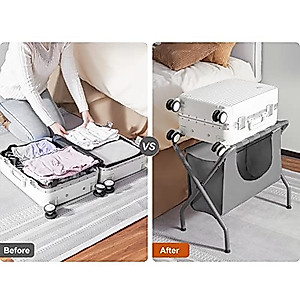 ELYKEN 2 Pack Luggage Rack with Laundry Bag, Guest Room Folding Space Saving Suitcase Holder, Max 110LBS Baggage Shelf with Heavy Duty Nylon Belts, Dirty Clothes Storage for Bedroom Hotel