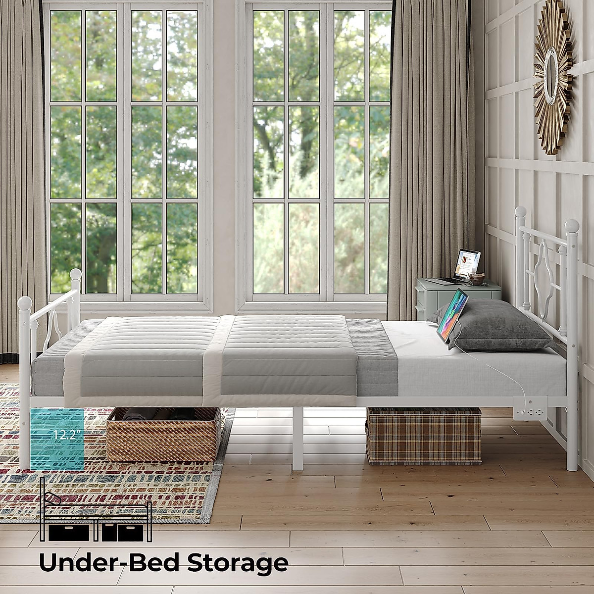 CollaredEagle Twin Size Bed Frame with Headboard and Footboard, Classic Metal Platform Bed Frame with Charging Station and LED Lights, Heavy Duty Slat Support Metal Bed Frame, No Noise, White