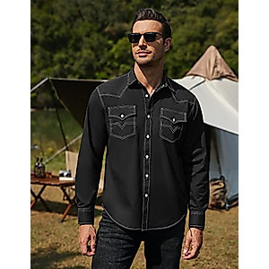 COOFANDY Mens Shirt Western Dress Long Sleeve Casual Cotton Button Down Denim Work, 01-Black, Large, Long Sleeve