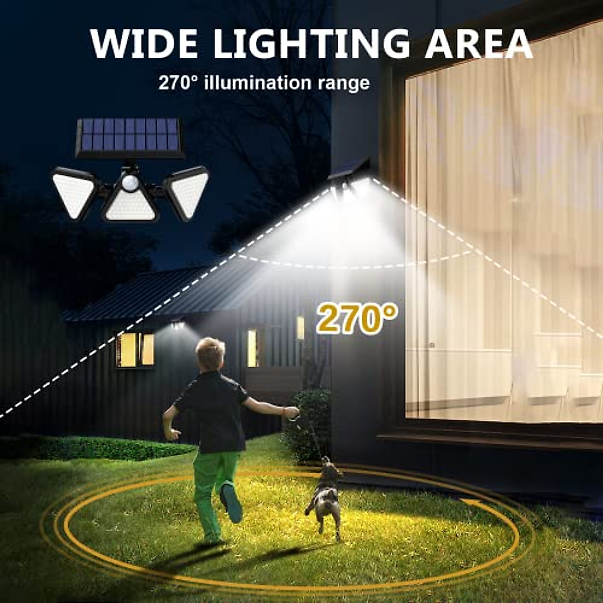 LUSCREAL Solar Lights for Outside, 180LED Motion Sensor Outdoor Lights, 270° Wide Angle Solar Motion Lights Outdoor IP65 Waterproof, 3 Heads Outdoor Solar Security Lights for Garage Yard Patio, 1Pack