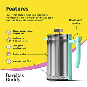 BaristasBuddy French Press Coffee Maker - Insulated, Stainless Steel Manual Coffee Makers For Home, Office Or Camping - Large 34oz Capacity For 4 Cups