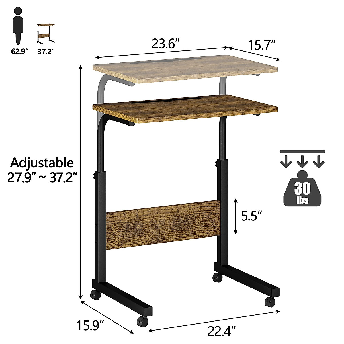 Klvied Mobile Standing Desk, Rolling Desk with Cup Holder, Portable Laptop CouchTable, Small Computer Desk, Bedside Table, Mobile Laptop Stand, Work Desk for Home Office, Walnut