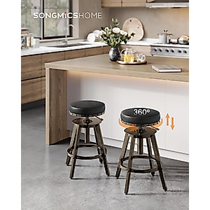 SONGMICS HOME Bar Stools, Set of 2, Steampunk Counter Stool for Kitchen, Adjustable Height and Swivel Padded Seat, Workbench Stool, 16.5 x 19.3 x 24.6-29.3 Inches, Ink Black ULJB096B01