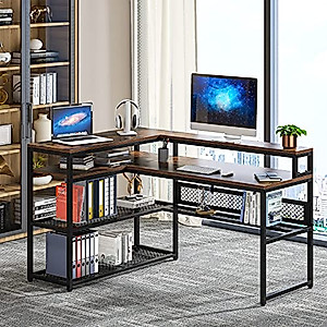 Tribesigns L-Shaped Computer Desk with Monitor Shelf Stand, L Shaped Corner Desks with Large Wood Desktop Industrial Heavy Duty Metal Frame Storage Shelves for Office Home, Rustic Brown Black
