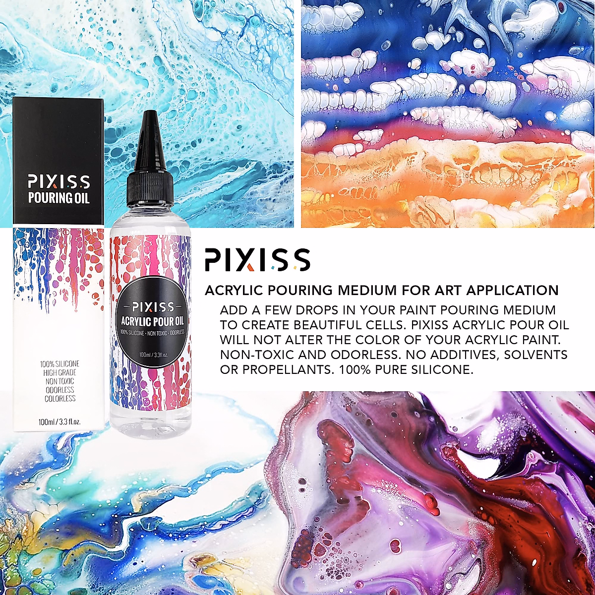 Floetrol Pouring Medium for Acrylic Paint - Flood Floetrol Additive and Pixiss Acrylic Pouring Oil - Perfect Flow 100% Pure High Grade Silicone (100ml/3.3-Ounce)