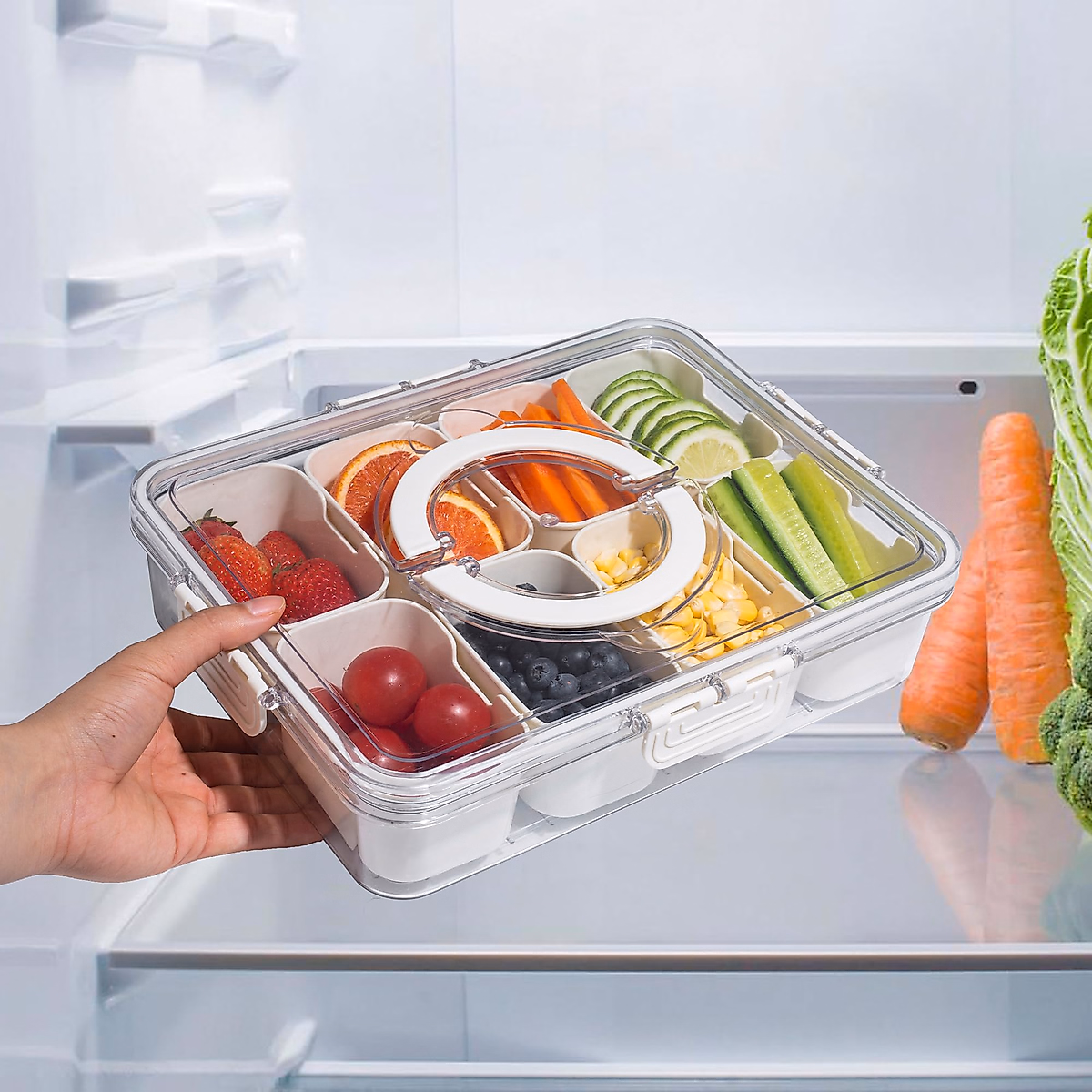 WACOI Divided Snack Serving Tray with Lid and Handle travel Snackle Box Charcuterie Container Portable Storage Organizer for Candy, Fruits, Nuts, Snacks 1Pack White