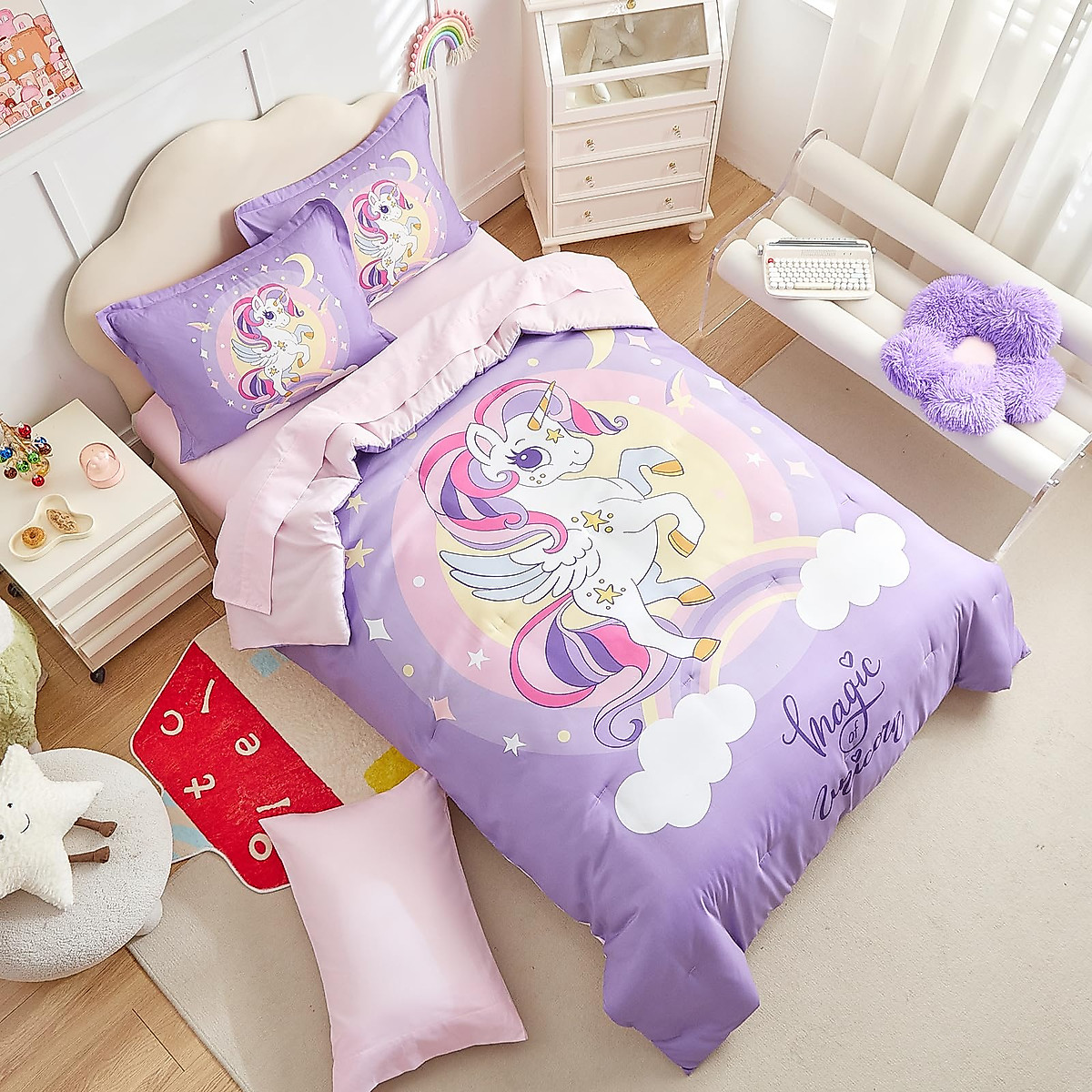 Girls Bed in a Bag Full Size Purple Unicorn Comforter Set with Rainbow Star - Soft Microfiber 7 Pcs Bedding Set (1 Comforter 2 Pillow Shams 1 Flat Sheet 1 Fitted Sheet 2 Pillowcases)