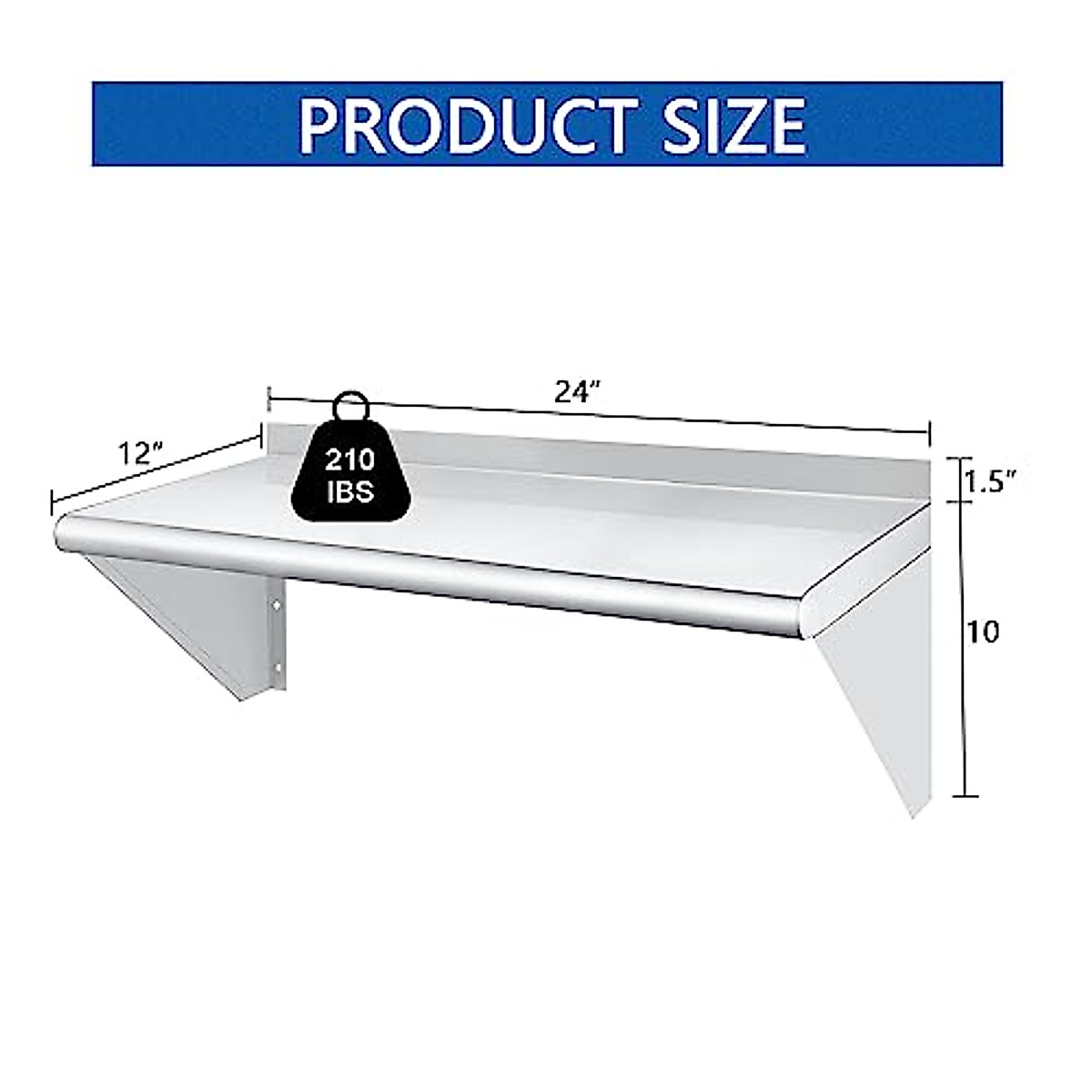 HARDURA Stainless Steel Shelf 12" x 24", 210lb Commercial Shelves Wall Mount Metal Shelving with Backsplash and Brackets for Kitchen, Restaurant, Laundry Room and Home