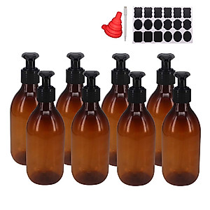 zmybcpack 8 Pack 8OZ Empty Plastic Pump Lotion Bottles with 1 Pen, Labels & Silicone Funnel, Amber Color Lotion Dispenser with Locking Lotion Pump for Body Wash, Shampoo, Massage Lotion, Gel