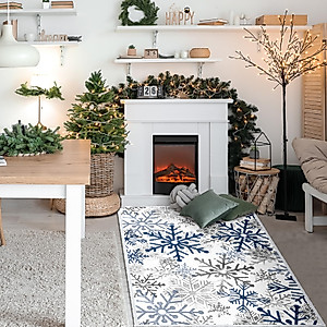 Tinideya Christmas Area Rug 5 x 7 ft Blue Snowflakes Winter Area Rug for Indoors Washable Blue Silver Xmas Door Mat Holiday Decor Carpet for Christmas Kitchen Living Room Bathroom Decor