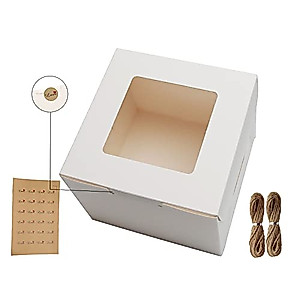 PQZKLDP 12Packs 6x6x5 Inches White Cake Boxes with Window, Gift Packing, Bakery Boxes, Dessert, Pastry, Cupcake, Pie Cookies, With Stickers,66 FT Twine (6 * 6 * 5 Inch, White)
