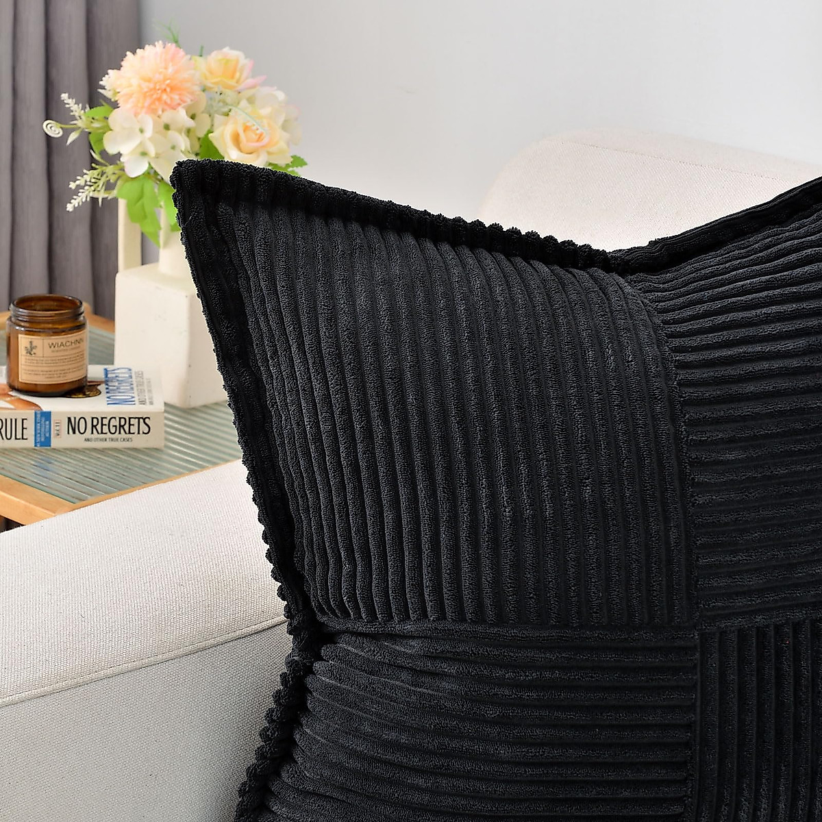 HAUSSY Black Throw Pillow Covers 22x22 Inch Set of 2, Soft Corduroy Solid Striped,Square Decorative Cushion Case,Winter Home Decorations for Couch,Bed