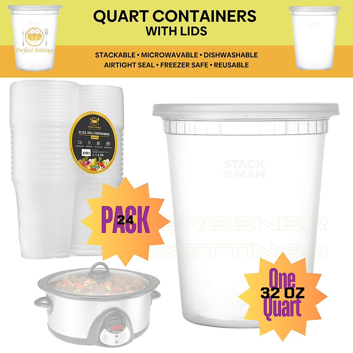 Perfect Settings 32oz Deli Containers with Lids - 24 Sets Quart Freezer Storage Containers - Leakproof, Stackable, Microwave Safe Soup Storage Plastic Soup Containers for Meal Prep Leftovers Takeout