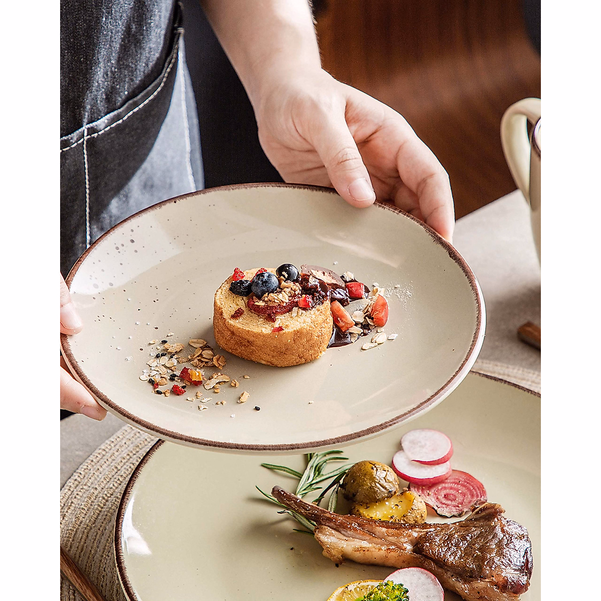 vancasso Navia Ceramic Dinnerware Set, 48 pieces Stoneware Spray Spot Patterned Service Dish with Dinner Plates, Salad Plates, Bowls, Mugs - Multi