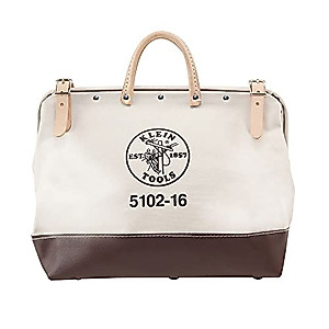 Klein Tools 5102-16 Heavy Duty Natural Canvas Tool Bag, Tool Tote, Multi-Purpose Bag with Wide Hinged Opening and Leather Handles, 16-Inch