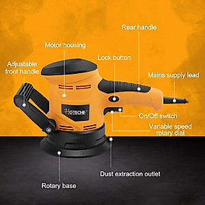 Hoteche Random Orbital Sander 3.8-Amp/450W 5-Inch Variable Speed Palm Power Sander 14,000 RPM Electric Drywall Sander Tool for Woodworking with Dust Collector and 5Pcs Sand Papers