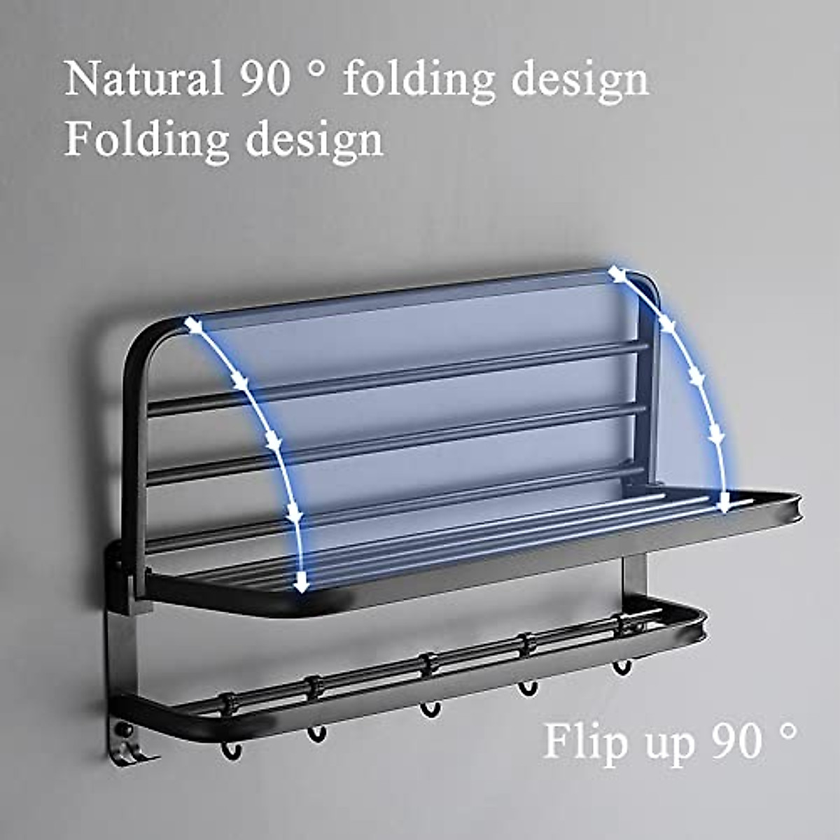 WKZZTCGD Black Bathroom Towel Rack,Stainless Steel Towel Holder with Hooks,Wall Mounted Foldable Double-Deck Shelf Bars