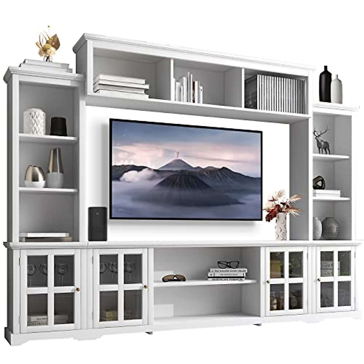 YISUYA Minimalism Style Entertainment Wall Unit with Bridge, TV Stand, Modern TV Console Table for TVs Up to 70”, Multifunctional TV Stand with Tempered Glass Door, Multifunctional TV Stand, White
