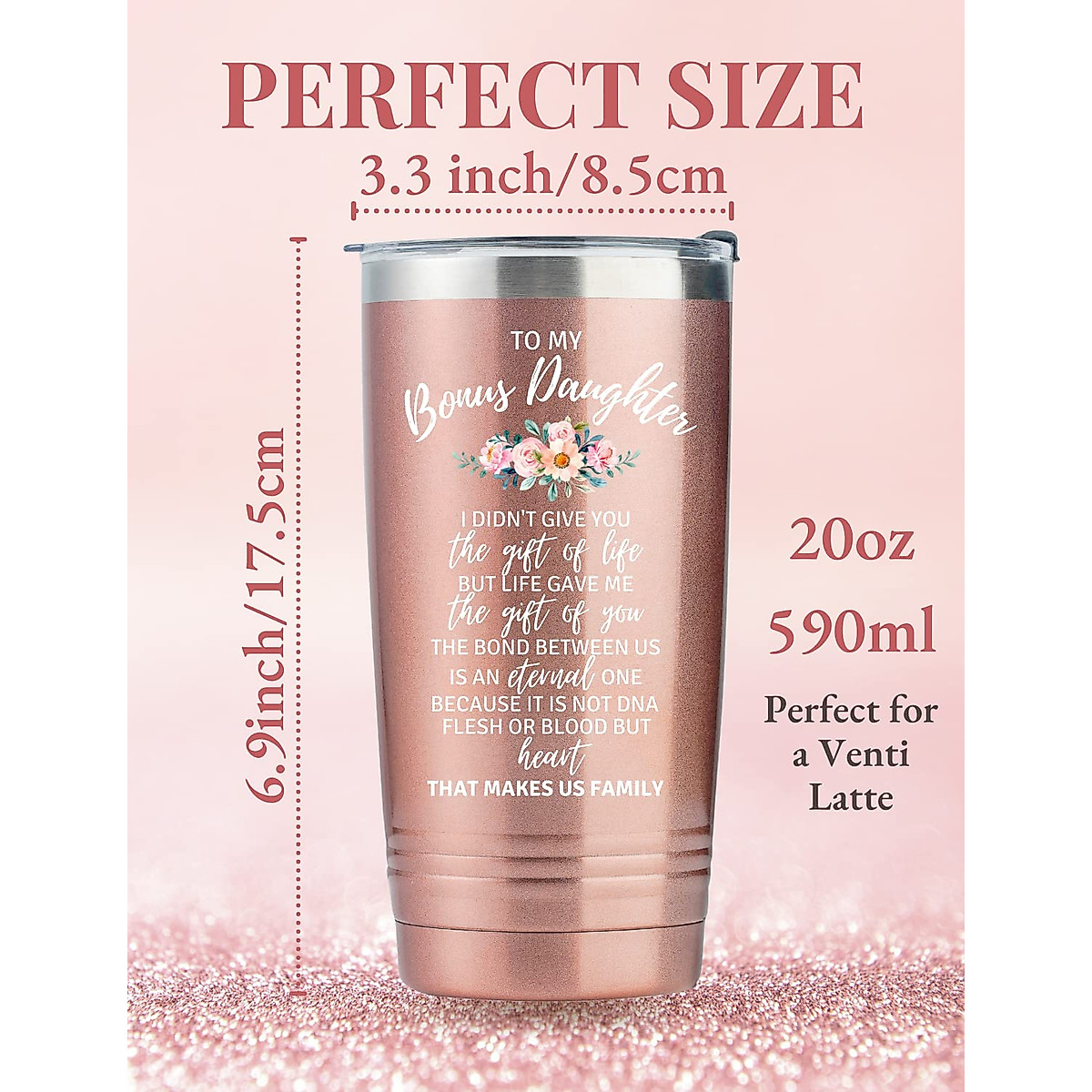 Onebttl Bonus Daughter Gifts, Gifts for Bonus Daughter on Birthday, Christmas or Thanksgiving, 20oz Stainless Steel Travel Mug with Lid and Straw Rose Gold - To My Bonus Daughter