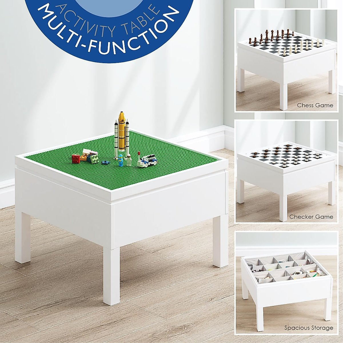 UTEX 3 in 1 Kids Activity Table with Storage, Kids Construction Play Table Compatible with Lego and Duplo Bricks, Chess Table for Building Block, Chess Gaming,Drawing, Crafts