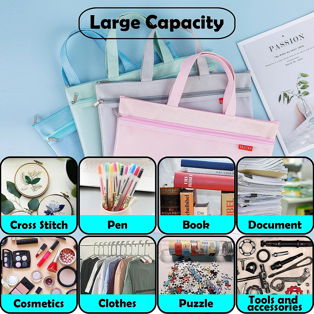 BRZUKA Mesh Zipper Pouch 11x13.7 in, A4 Double Pocket Waterproof File Bag with Handle, Document Storage for School/Travel/Office/Cross Stitch/Puzzle (Gray)