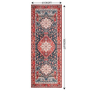 Comeet Washable Runner Rug - 2x6 Boho Hallway Runner Rug, Non-Slip Kitchen Bathroom Runner Rugs, Long Vintage Accent Area Rug for Entryway Laundry Bedroom Red/Blue