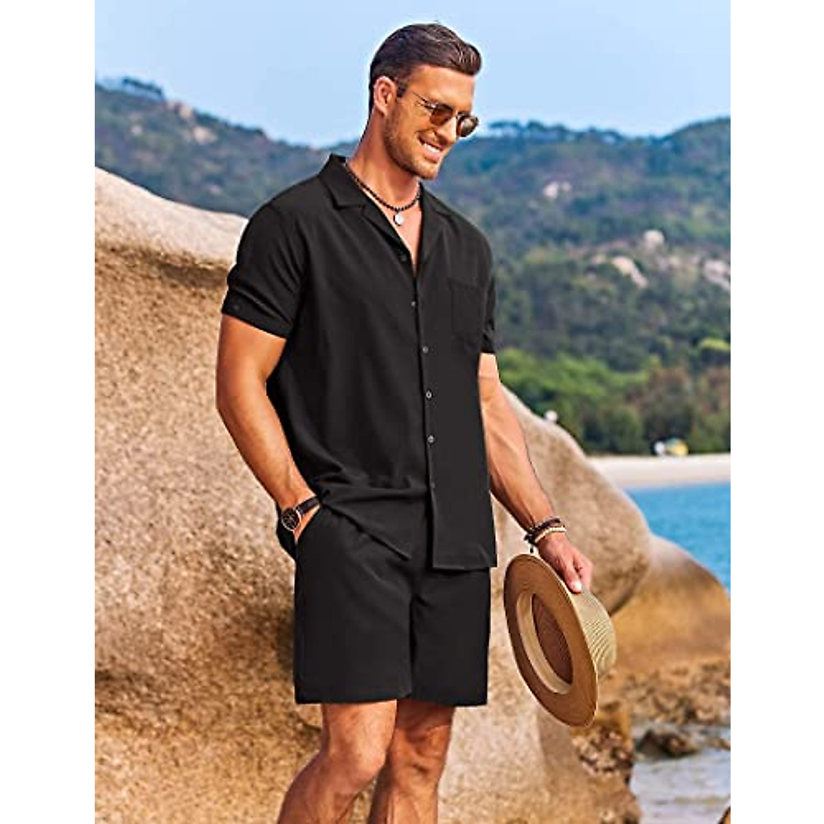 COOFANDY Men's 2 Pieces Shirt Set Short Sleeve Button Down Casual Hippie Holiday Beach T-Shirts Shorts Outfits (Black, Large)
