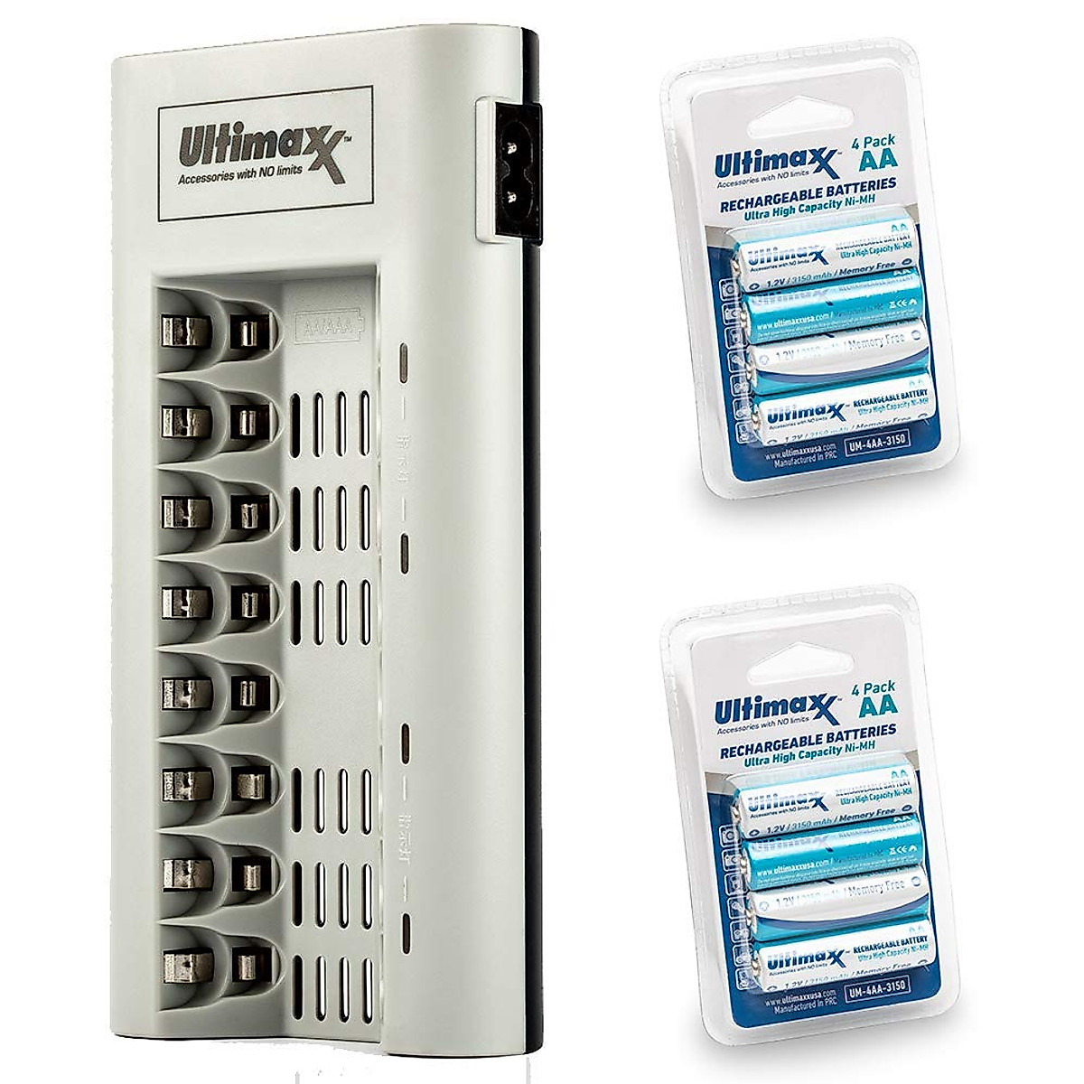 Ultimaxx Charger with Batteries – 8 Port Battery Charger and 2X 4 AA Batteries 3150mAh Memory Free- Rechargeable, Ni-MH, Durable & Long-Lasting Batteries