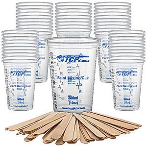 TCP Global 10 Ounce (300ml) Disposable Flexible Clear Graduated Plastic Mixing Cups - Box of 50 Cups & 50 Mixing Sticks - Use for Paint, Resin, Epoxy, Art, Kitchen - Measuring Ratios 2-1, 3-1, 4-1, ML