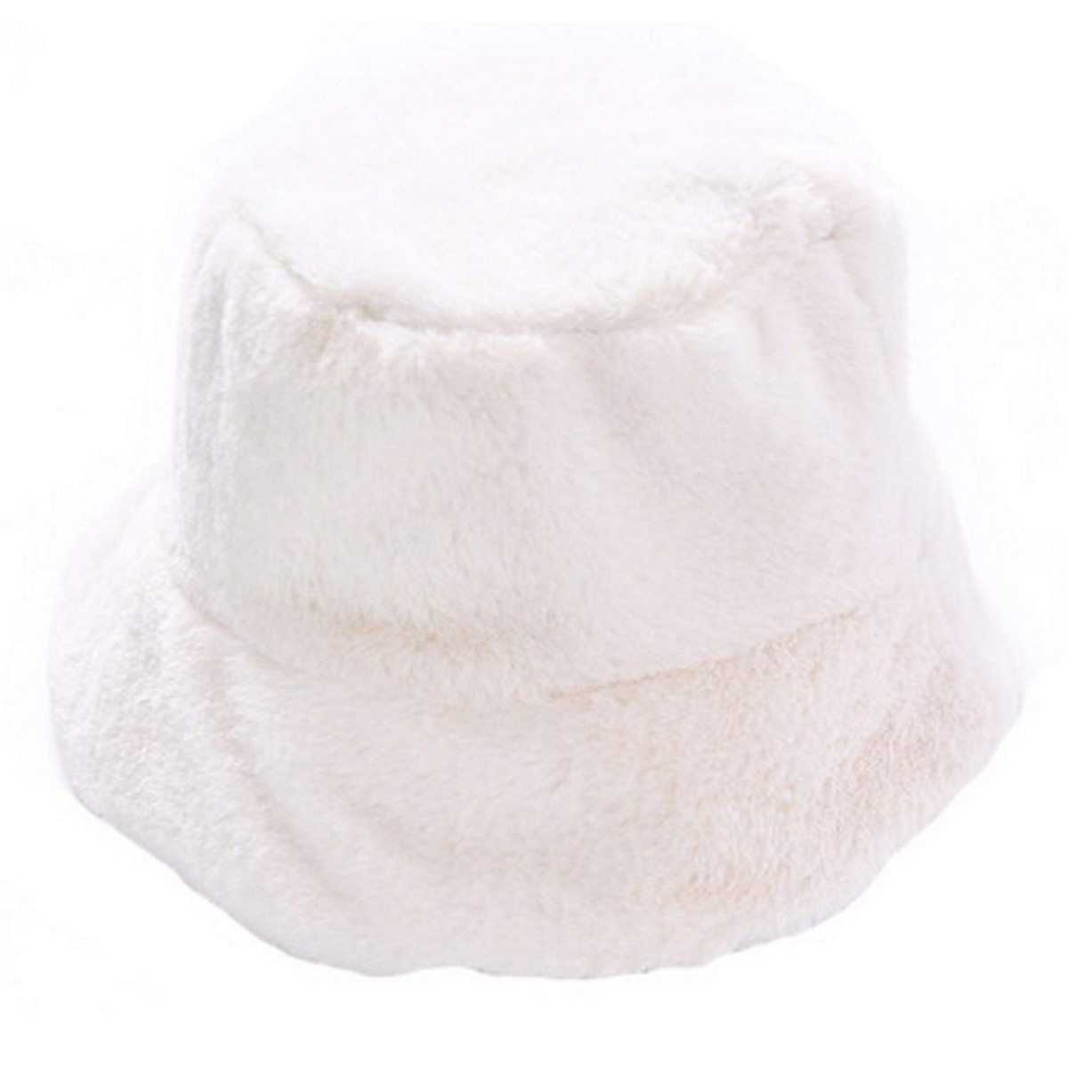 Women Winter Plush Bucket Hat Warm Solid Color Faux Fur Fisherman Cap White