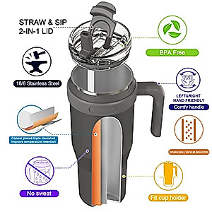 Zukro 50 oz Mug Tumbler With Handle And 2-in-1 Straw Lid, Insulated Stainless Steel Large Leak Proof Travel Cup with Flip Straw,Fit in Cup Holder, Keeps Cold for 30 Hours or Hot 10 Hours, Coal