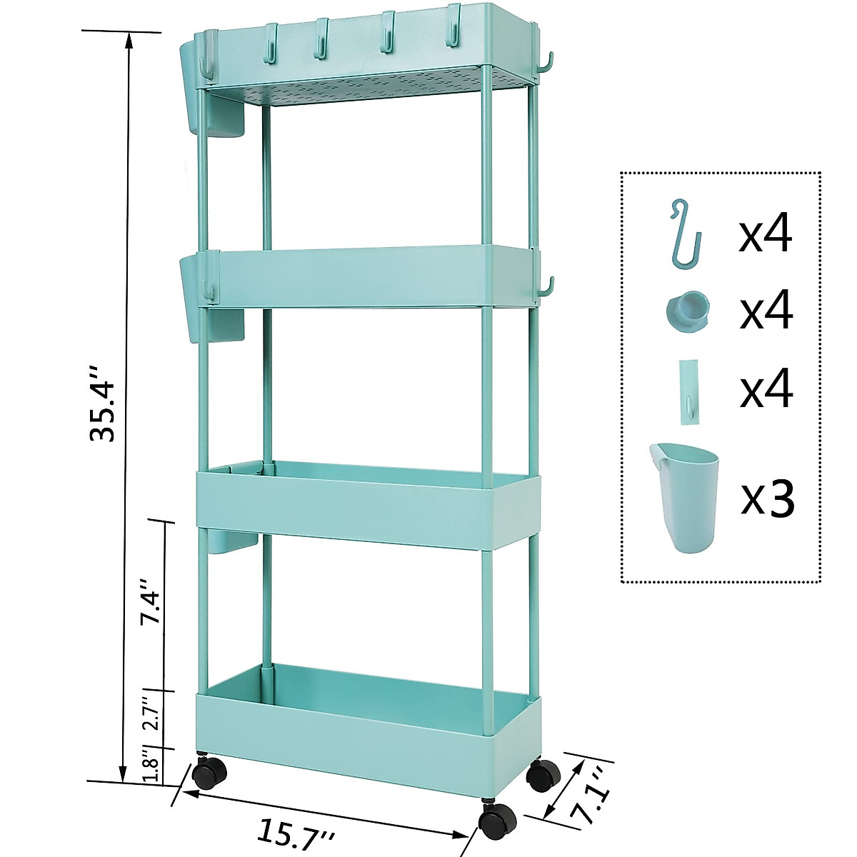 AYVANBER 4 Tier Slim Rolling Utility Kitchen Cart Bathroom Organizer for Narrow Places Multipurpose Storage Shelve Mobile Trolley for Bedroom Laundry Office Restaurant Garage Pantry (Teal)