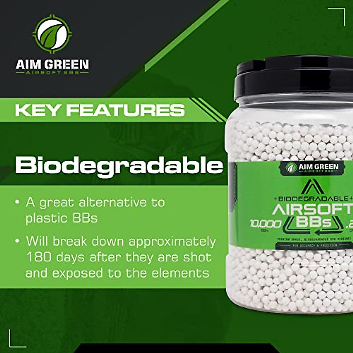 Aim Green Biodegradable Airsoft BBS, Premium-Grade 6mm Airsoft BBS, 0.25 Grams, 10,000 Count