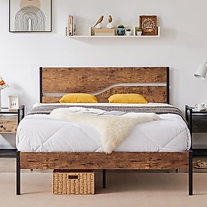 VECELO Platform Bed Frame/Mattress Foundation Full Size with Rustic Vintage Wood Headboard, Strong Metal Slats Support, No Box Spring Needed