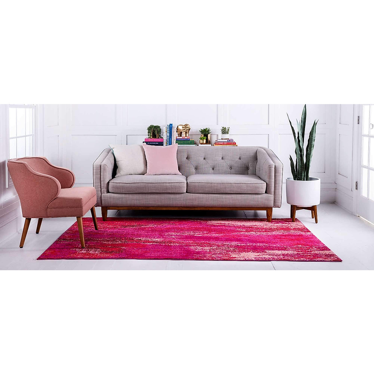 Unique Loom Jardin Collection Colorful, Vibrant, Abstract Watercolor Area Rug, 6' 1" x 9' Rectangle, Pink/Brown