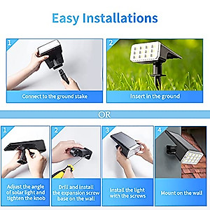 Punoge Outdoor Landscape Spotlights: Monocrystalline Solar Panel, IP67 Waterproof, Auto On/Off, Brightness Adjustable, 6500K Daylight White LED, Ground Stake & Wall Mount, for Garden Backyard, 2 Pack