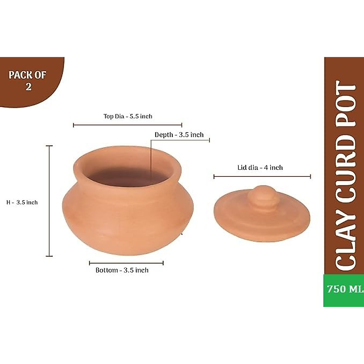 Village Decor Indian Clay Yogurt Pot Pack of 2 - (32 Oz)