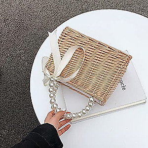 Fashion Straw Bags for Women Beach Rattan Woven Tote Handbags Ladies Summer Top-handle Bags Wicker Purse with Pearl Ornaments (B)