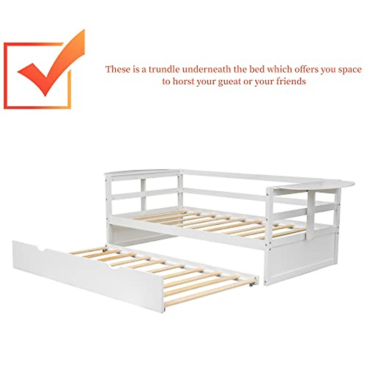Polibi Twin Size Daybed with Trundle and Foldable Shelves on Both Sides, Wooden Sofa Bed with Wood Frame and Slats, No Spring Box Needed