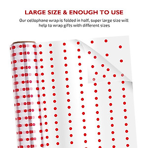 STOBOK Cellophane Wrap Roll | Unfolded Width 32 inch x 100 Ft, Red Polk Dot Paper Wrapper, 3 Mil Thicken Transparent Long Film Gift Wrappings for Flowers, Bouquet,Basket, Food Packing Paper