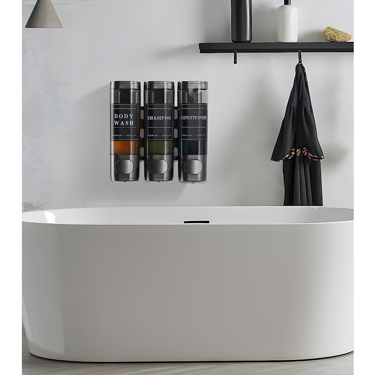 Cabo Deseado Shower Soap Dispenser Wall Mounted No Drill Shampoo Dispenser for Shower Wall Shampoo and Conditioner Dispenser Bathroom Hotel 3 * 300ml Gungray with Labels