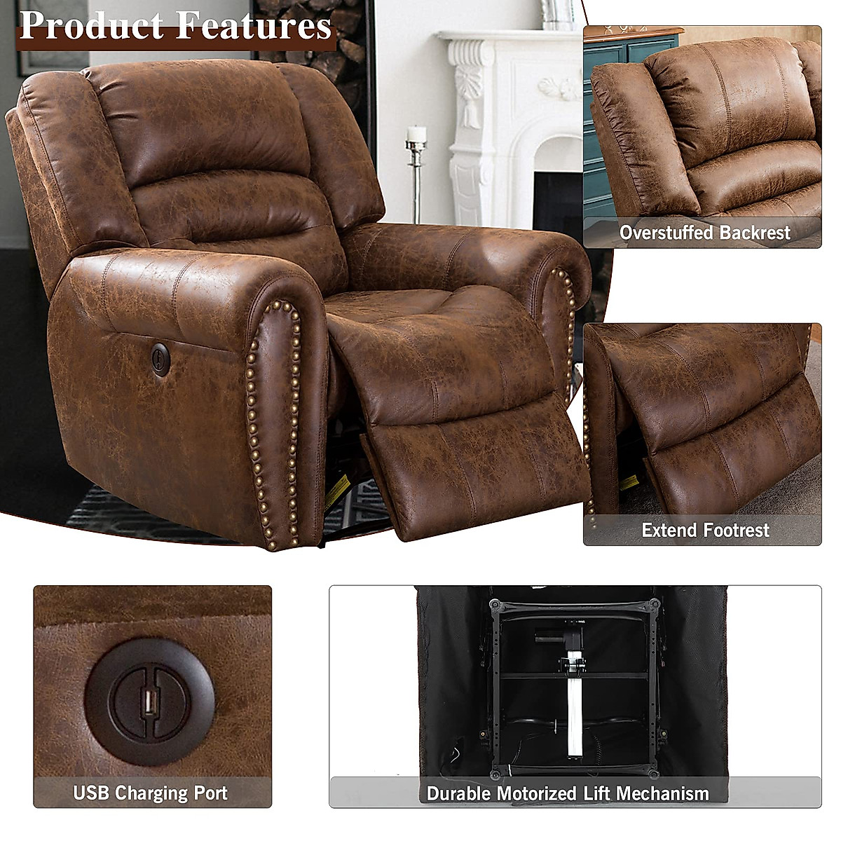 ANJ Electric Recliner Chair W/Breathable Bonded Leather, Classic Single Sofa Home Theater Recliner Seating W/USB Port (Nut Brown)