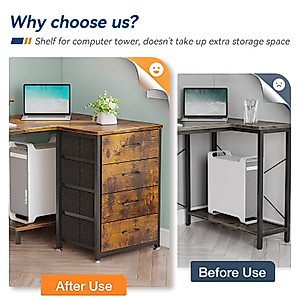 KKL 55 inch L Shaped Computer Desk with USB Charging Port & Power Outlet, L-Shaped Corner Desk with 4 Tier Drawer & Monitor Shelf for Home Office Workstation, Modern Style Writing Table, Vintage