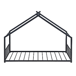 Goohome Montessori Floor Bed with Headboard and Footboard, Twin Floor Bed with Slats, Metal House Floor Bed for Girls, Boys, Teens No Box Spring Needed