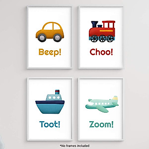 unoXdos Set of 4 Cute Transportation Posters 8" X 10" Unframed | Nursery Decorations | Baby Nursery Hanging | Kids Room Decor | Car Train Ship Airplane | Boy Room Decor